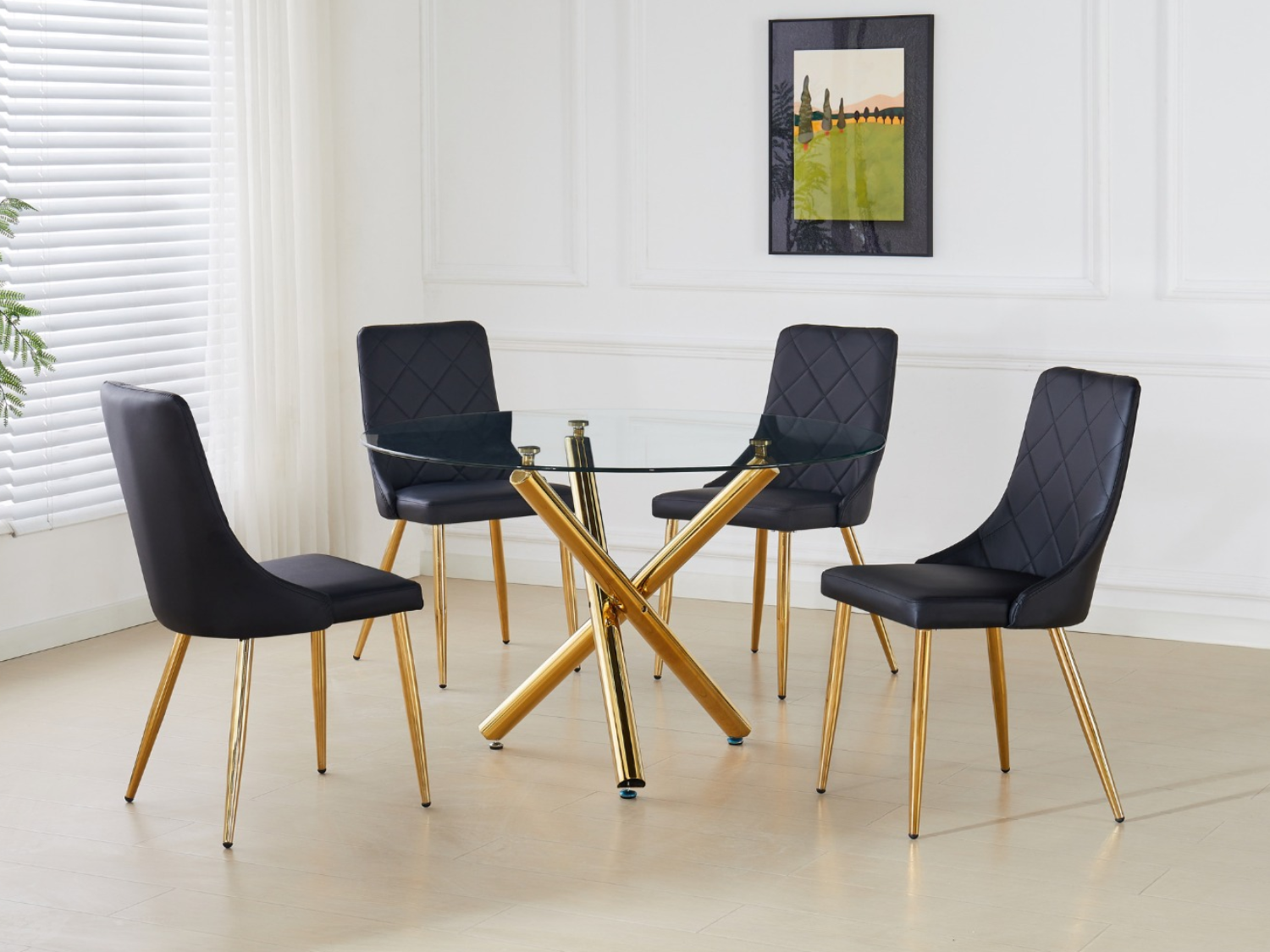 39" Round Gold Dining Table Set | 4 Black Leatherette Chairs