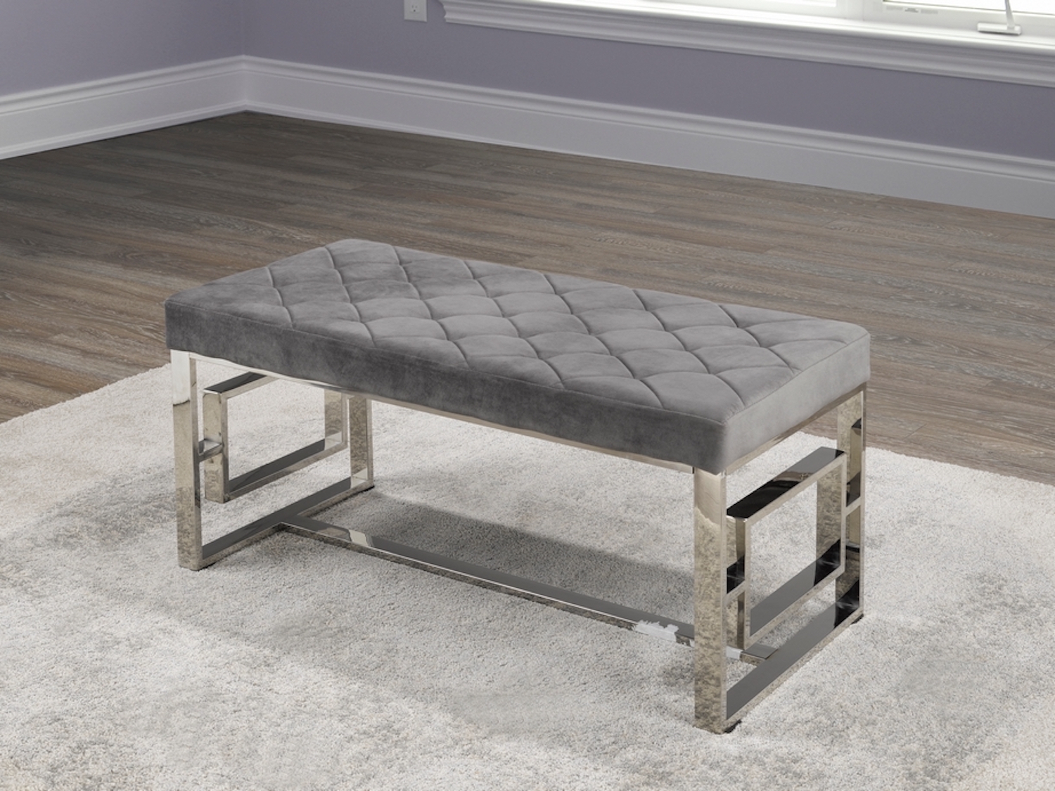 Chrome Bench with Grey Velvet Top