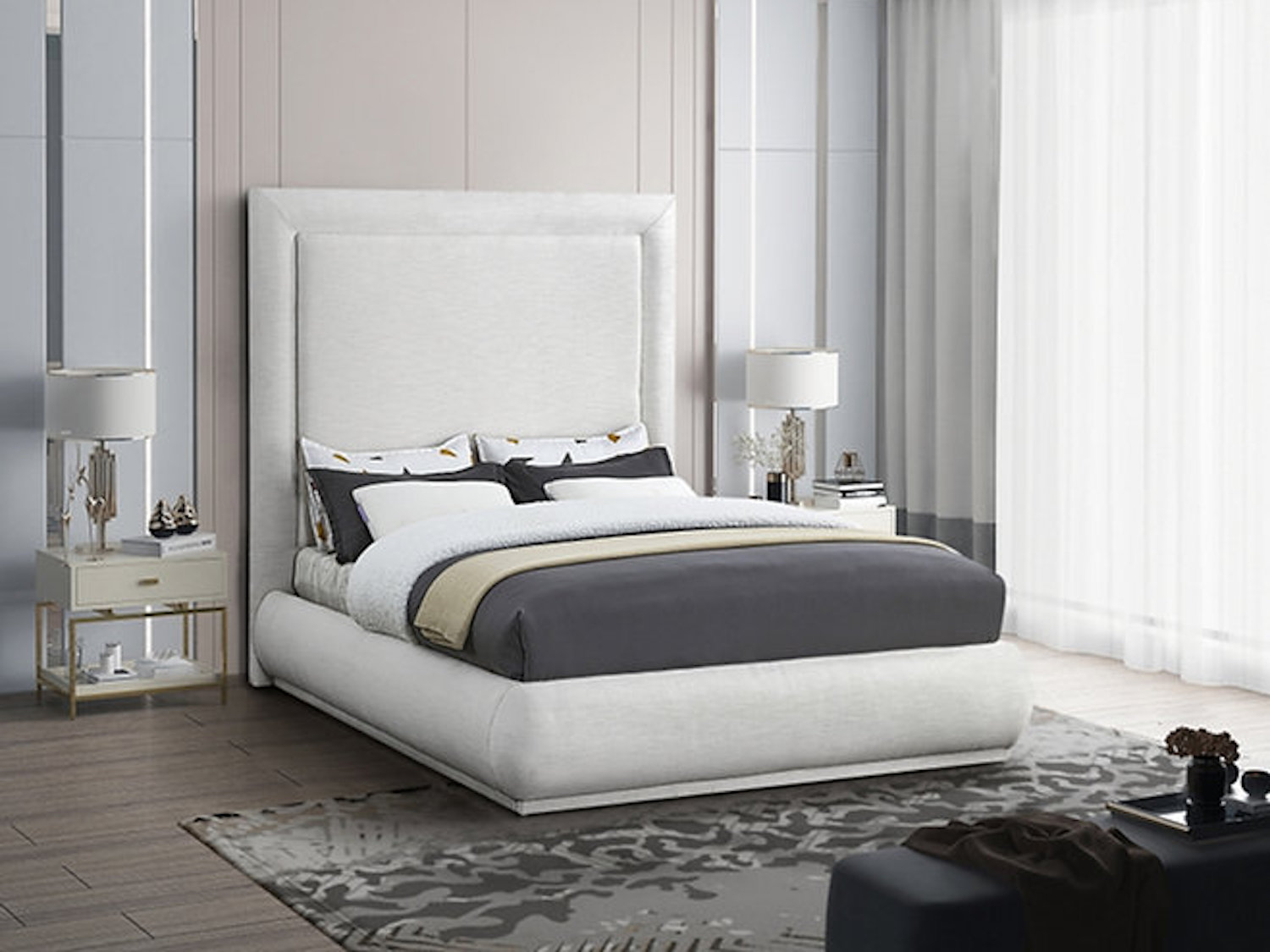 Mid Century Modern Creme Fabric Queen Size Bed